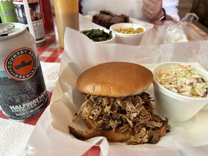 This pulled pork sandwich isn't just food—it's architecture. The meat-to-bun ratio achieves that perfect balance where neither tries to upstage the other.