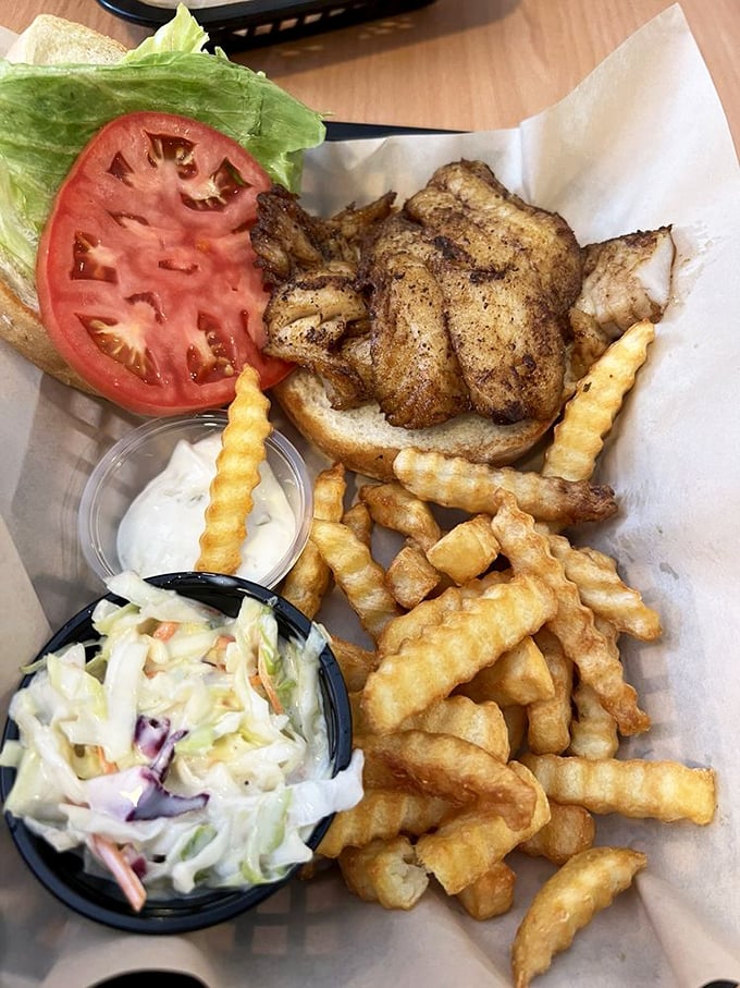 This blackened grouper sandwich isn't just lunch—it's the reason Florida invented bread. Perfectly seasoned fish with just enough char to make your taste buds stand at attention.