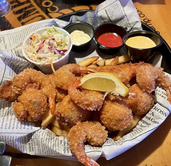 Golden-fried shrimp nestled on newspaper—because sometimes the best seafood comes with ink on your fingers and joy in your heart.