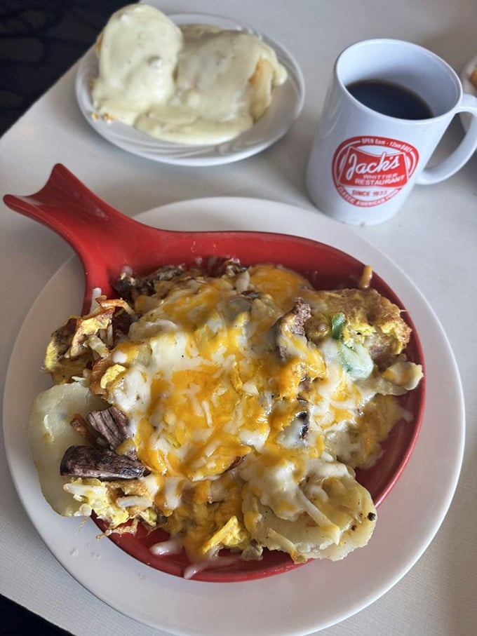 Behold the legendary skillet—a bubbling masterpiece of potatoes, meat, and melted cheese that's worth crossing county lines for.