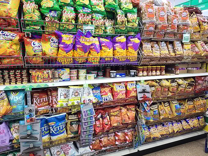 A rainbow wall of chips that would make any Super Bowl party planner weep with joy.