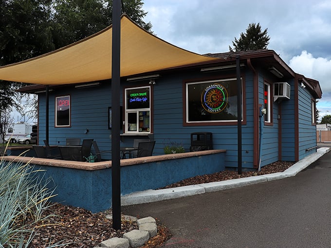 Coffee culture thrives even in affordable small towns! This cozy blue café promises morning salvation without metropolitan markup.