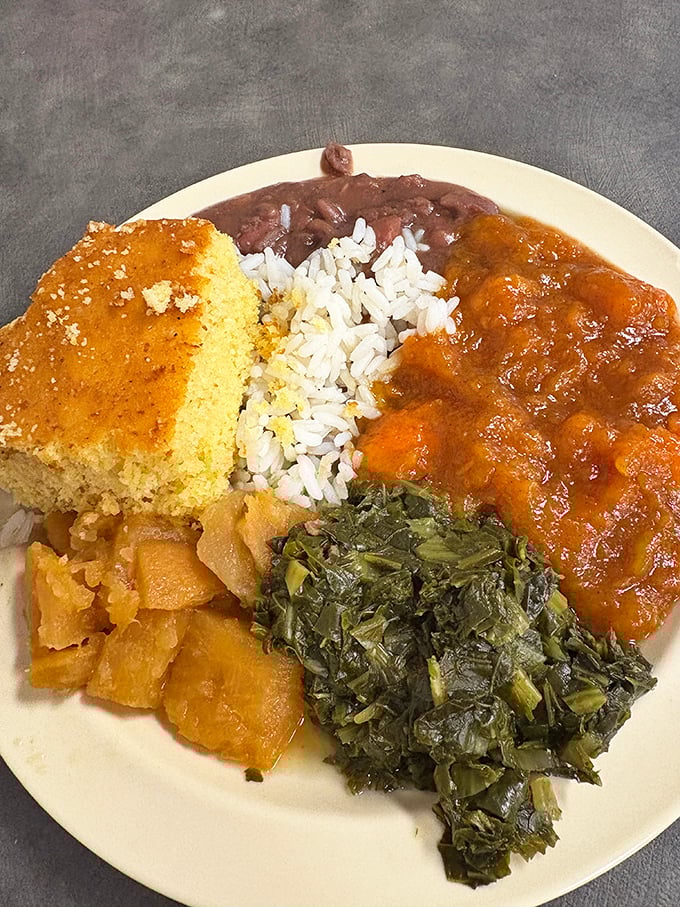 Southern cooking isn't just food—it's a color palette. Golden cornbread, emerald collards, and ruby-hued stewed apples create a plate that's as beautiful as it is delicious.