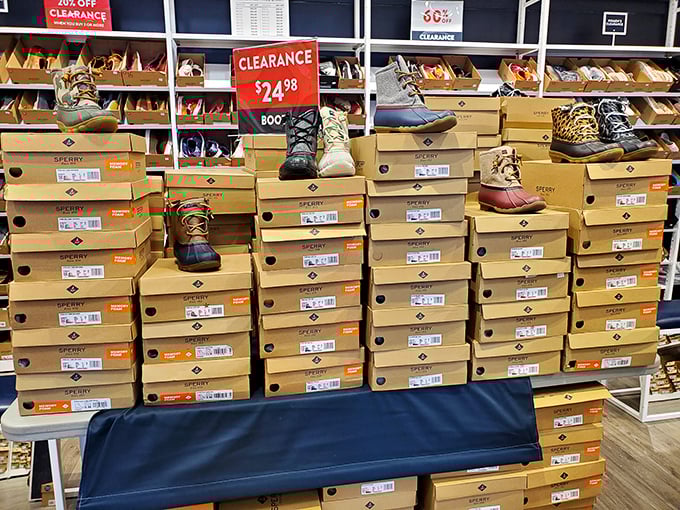 Shoe boxes stacked like a game of Jenga where everyone wins – especially your suddenly stylish feet.