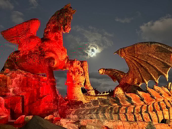 As night falls, dramatic red lighting transforms the statue into something straight out of Game of Thrones—minus the disappointing final season.