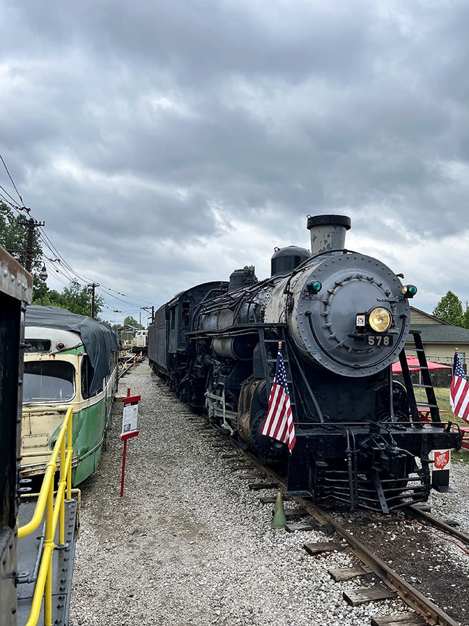 Engine 578's imposing silhouette commands respect—a steel behemoth that once conquered the rails with thunderous determination.