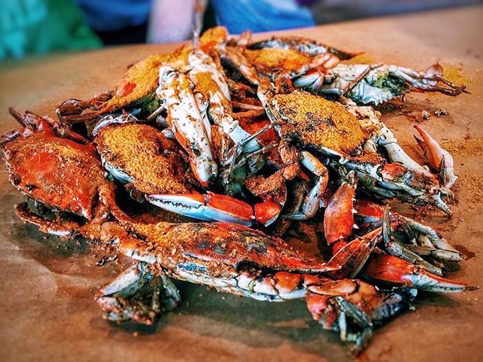 Maryland blue crabs in their full glory – nature's puzzle boxes filled with sweet meat and dusted with that magical spice blend.