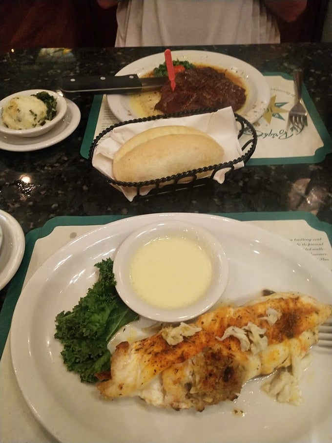 That moment when perfectly cooked fish meets its soulmate—a rich crabmeat stuffing—creating a romance that's lasted longer than most Hollywood marriages.