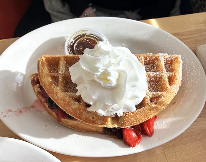 This berry-stuffed waffle doesn't just whisper "eat me"—it belts it out like Aretha Franklin, complete with a whipped cream encore.