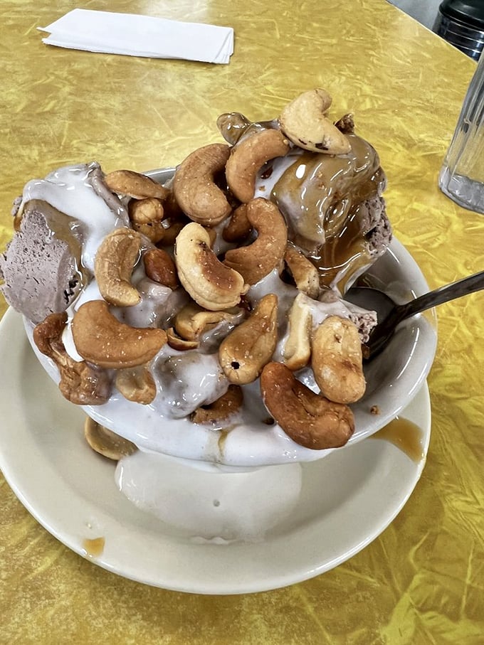 This isn't just ice cream with cashews—it's a mountain of joy that makes adults remember what it felt like to be eight years old again.