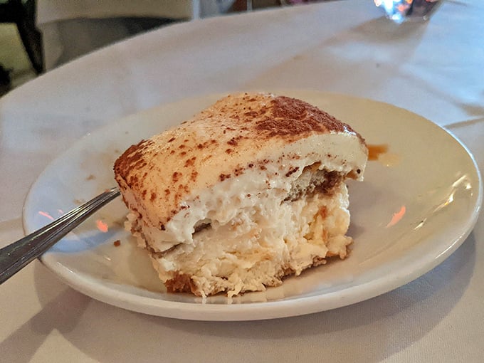 The tiramisu arrives like a cloud of mascarpone dreams, dusted with cocoa and ready for its close-up.