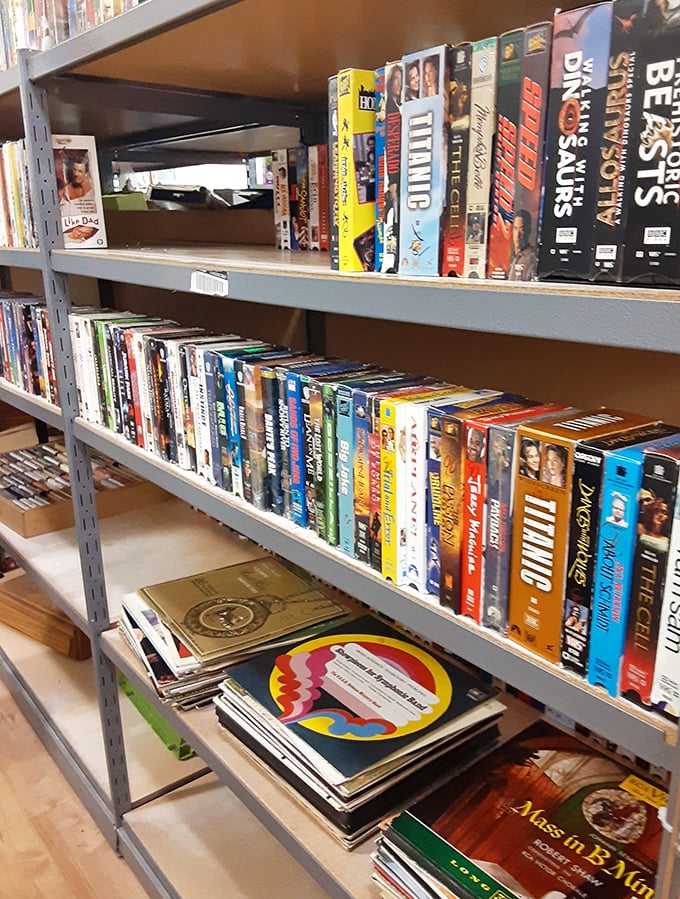 Hollywood history lines these shelves – from blockbuster hits to cult classics, yesterday's entertainment at yesterday's prices.