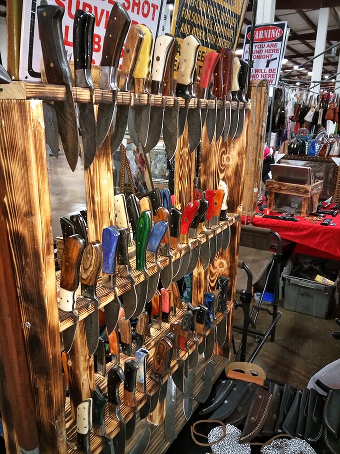 Sharp deals abound at this knife vendor's display, where handles of every color rival autumn leaves for variety and visual appeal.