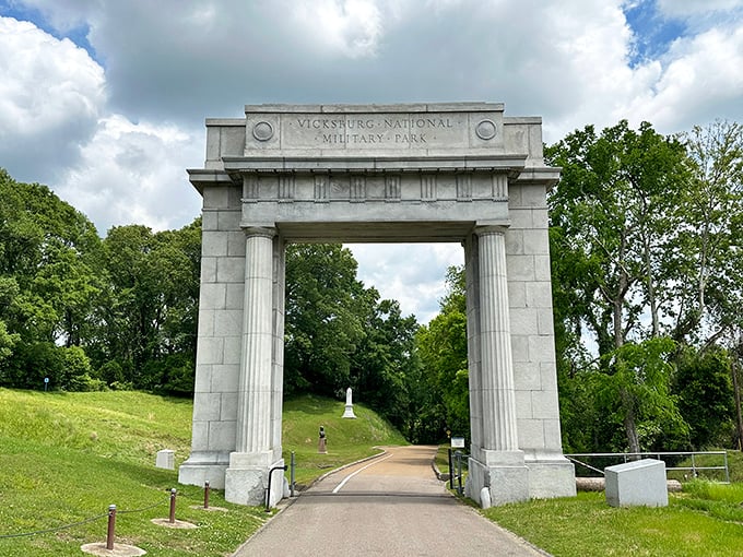 The entrance to sixteen hundred acres of Civil War history, where monuments outnumber tourists most weekdays.