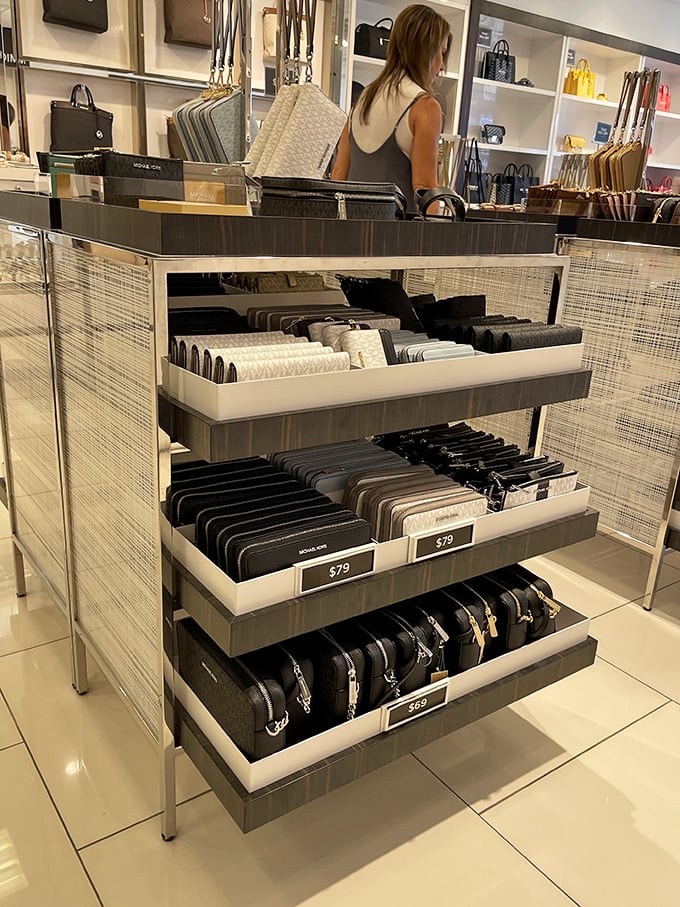 Wallet wonderland! Designer clutches and cardholders arranged with military precision, each one whispering, "You deserve me, and yes, I'm actually affordable."