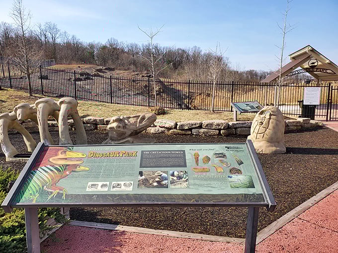 Educational displays and bone replicas set against Maryland's landscape—where suburban life meets Cretaceous history in one compact, fascinating package.