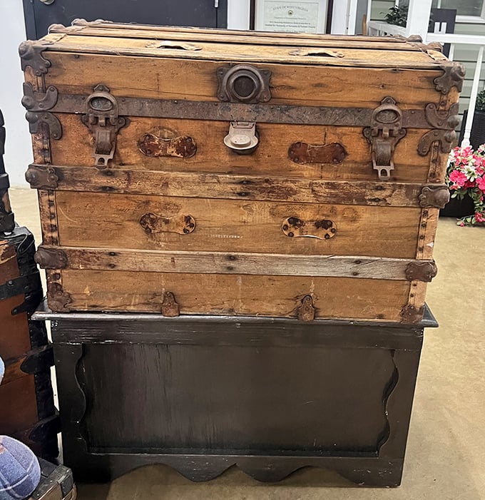 This antique steamer trunk isn't just furniture—it's a time capsule with stories to tell and probably a few adventures left in it.