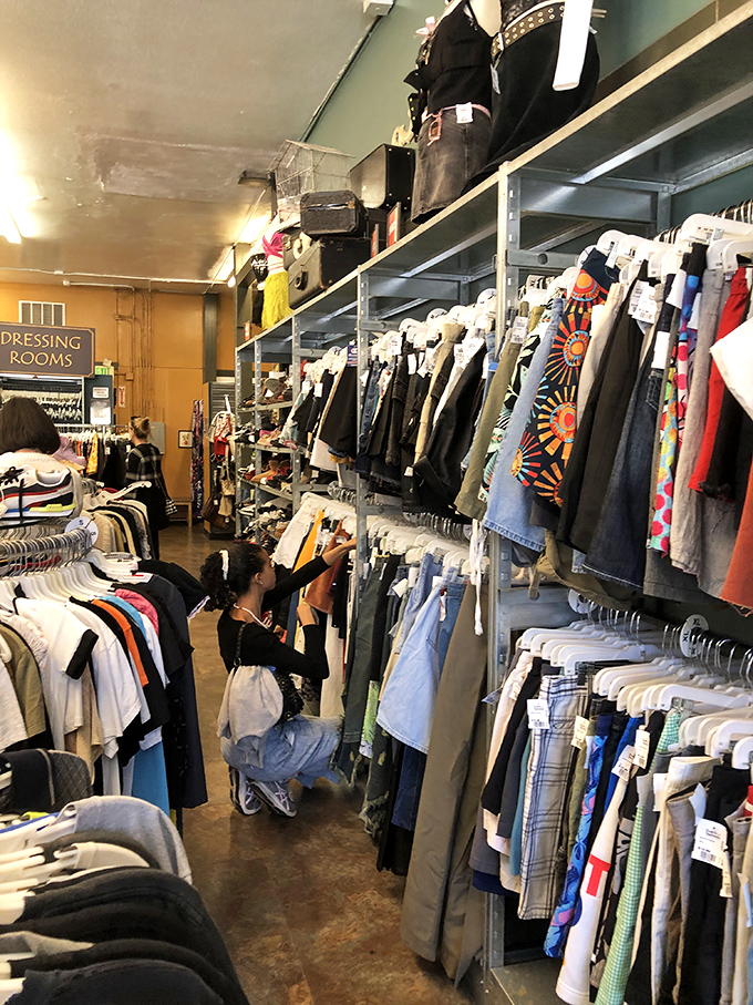 The apparel section is organized chaos at its finest—where vintage Levi's might share rack space with yesterday's designer splurges.
