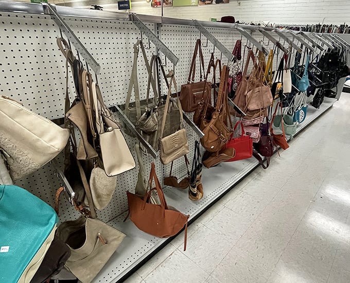 A wall of handbags waiting to find new shoulders, each one with stories the previous owner never told.