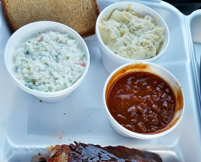 The holy trinity of Southern sides: creamy coleslaw, potato salad, and those legendary baked beans—proof that supporting actors sometimes steal the show.