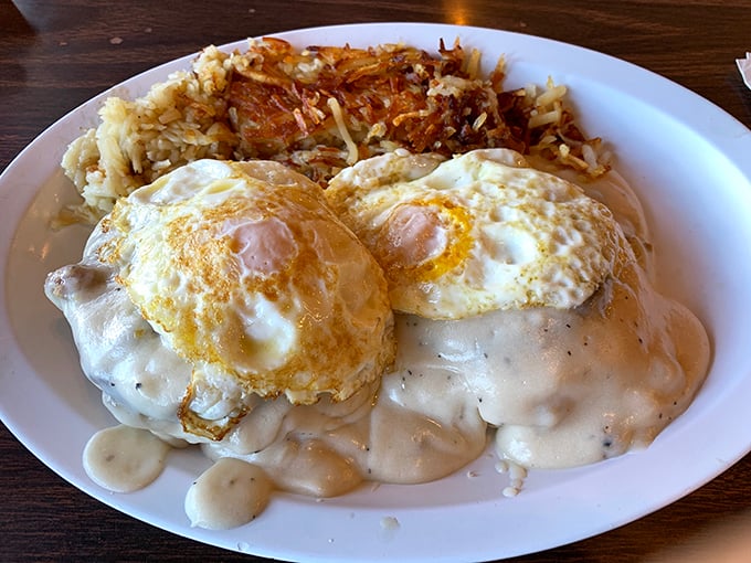 Behold the holy grail of breakfast: eggs nestled on a cloud of gravy so good you'll want to write home about it—if you can lift your fork.