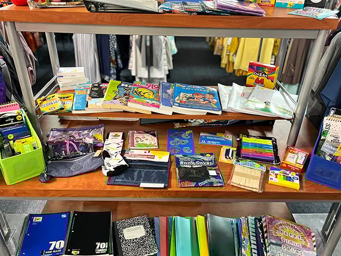 School supplies and notebooks galore—because someone's abandoned algebra workbook is another person's blank canvas for creativity.