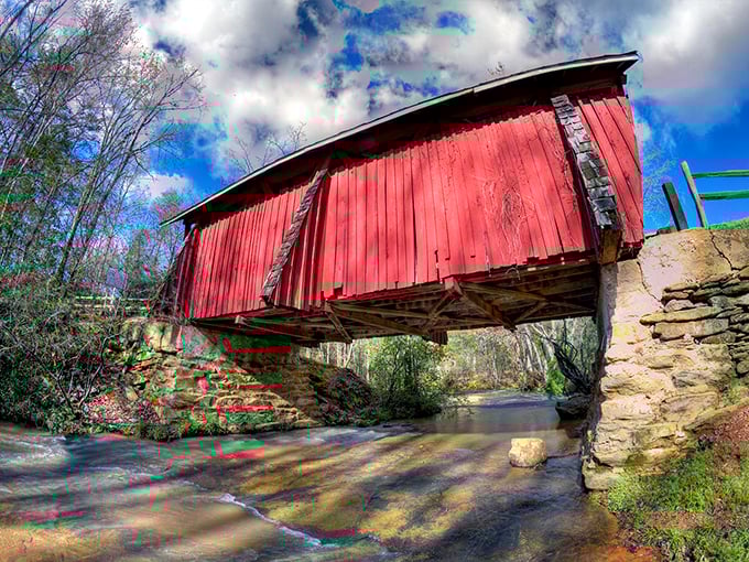 History preserved in photographs – this informational display honors the legacy of those who helped ensure Campbell's Covered Bridge would stand for generations to come.