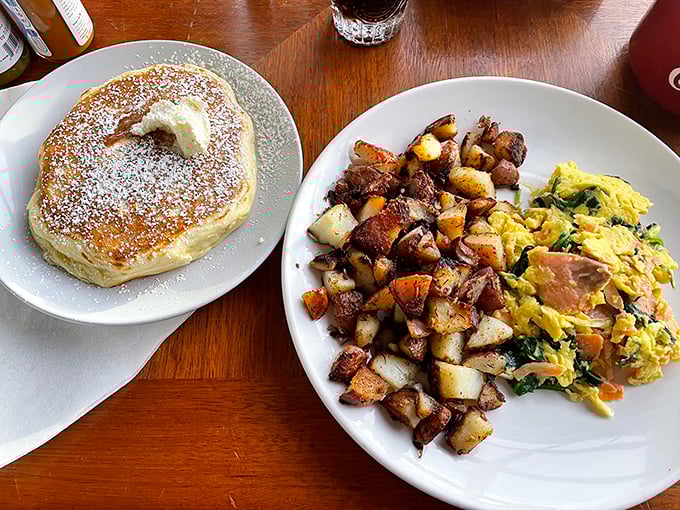 Breakfast nirvana exists: a golden pancake dusted with powdered sugar alongside eggs and potatoes that would make your grandmother jealous.