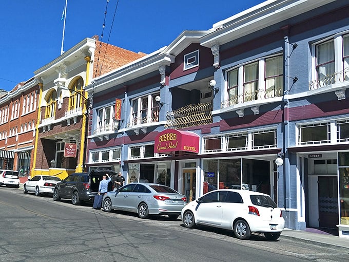 The Bisbee Grand Hotel stands proudly on Main Street, its colorful facade a reminder that desert towns don't have to be beige to blend with their surroundings.