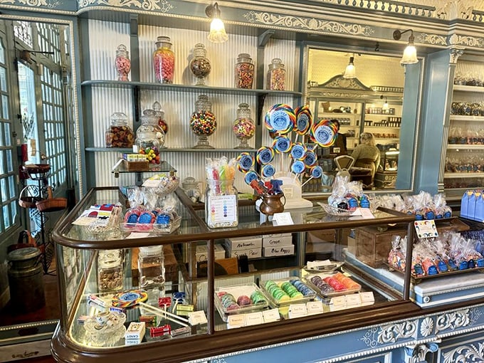 Apothecary jars filled with colorful candies line the shelves like a pharmacist's dream, dispensing doses of joy instead of medicine. The prescription? Take as needed for happiness. 