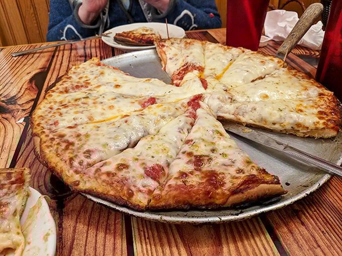 Behold the cheese pizza in all its glory—a perfect circle of molten cheese that stretches like a Cirque du Soleil performer with each slice.