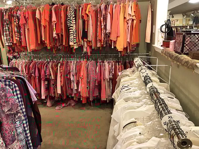 Color-coded clothing racks that would make Marie Kondo weep with joy. Every shade of coral and pink imaginable stands ready for adoption.