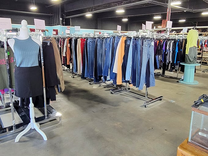 Denim paradise stretches as far as the eye can see. From dad jeans to designer cuts, your next favorite pair is hiding somewhere in this blue sea.