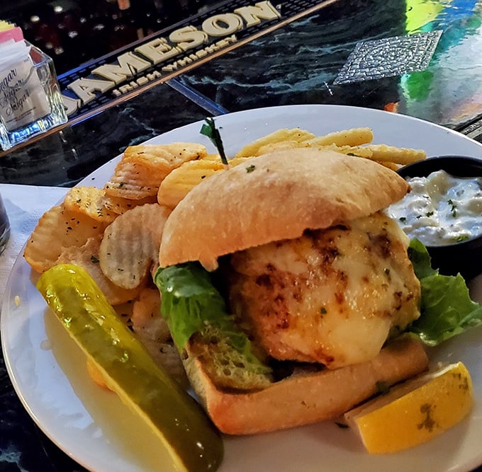 The legendary crab cake sandwich – mostly crab, barely bound, perfectly bronzed – makes you question why you'd ever order anything else.