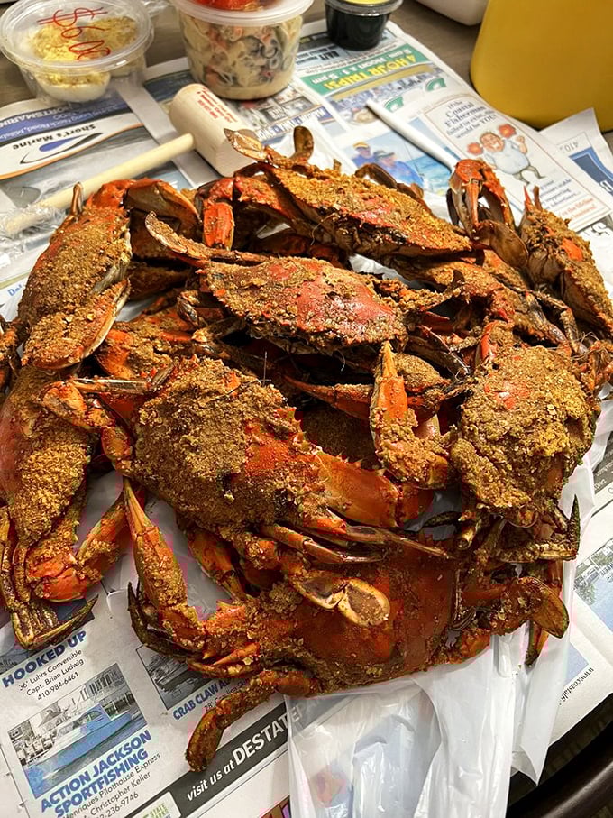 These seasoning-crusted beauties aren't just crabs; they're Delaware's edible calling cards. Newspaper underneath—nature's way of saying "get messy."