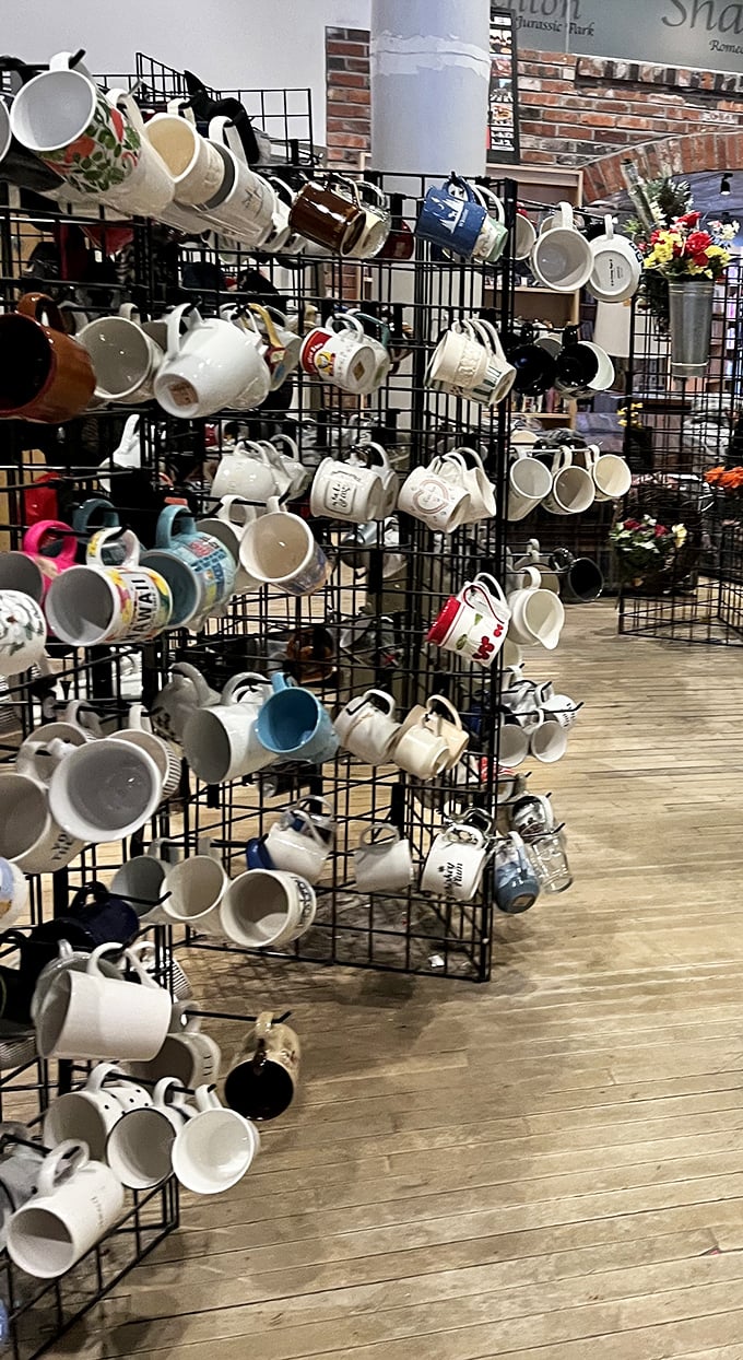 Mug mountain! Each cup tells a different story—from vacation souvenirs to corporate giveaways—all awaiting their second chapter.