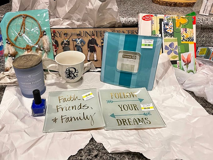 Inspirational plaques, peace signs, and decorative trinkets galore—because sometimes your home needs to literally spell out "Follow Your Dreams" for visitors.