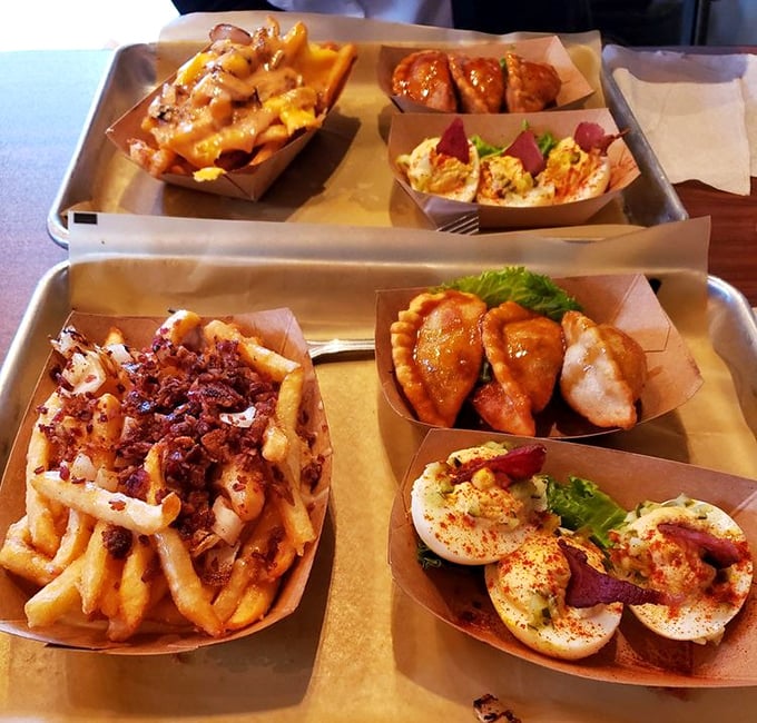 Food served in paper boats isn't just a meal—it's an adventure. These loaded fries and deviled eggs aren't just sides, they're co-stars.