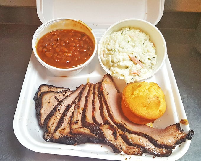 Smoke-kissed brisket with baked beans and potato salad—proof that sometimes the most photogenic meals come in the humblest containers.