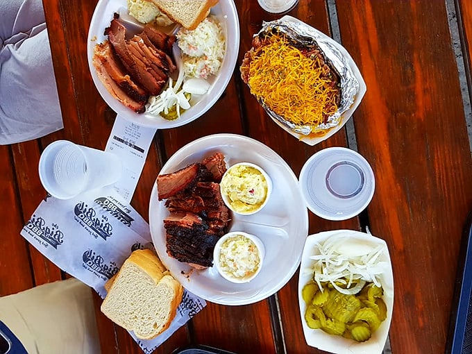 Not so much a meal as a family reunion on a plate. Those pickles aren't garnish—they're essential supporting characters in this meaty drama.