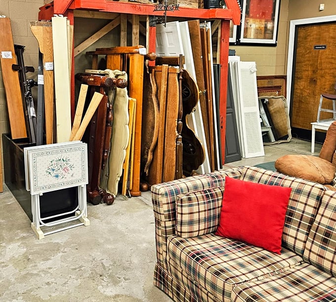 Building materials and vintage furniture coexist in beautiful chaos – where your next DIY project meets someone else's past.