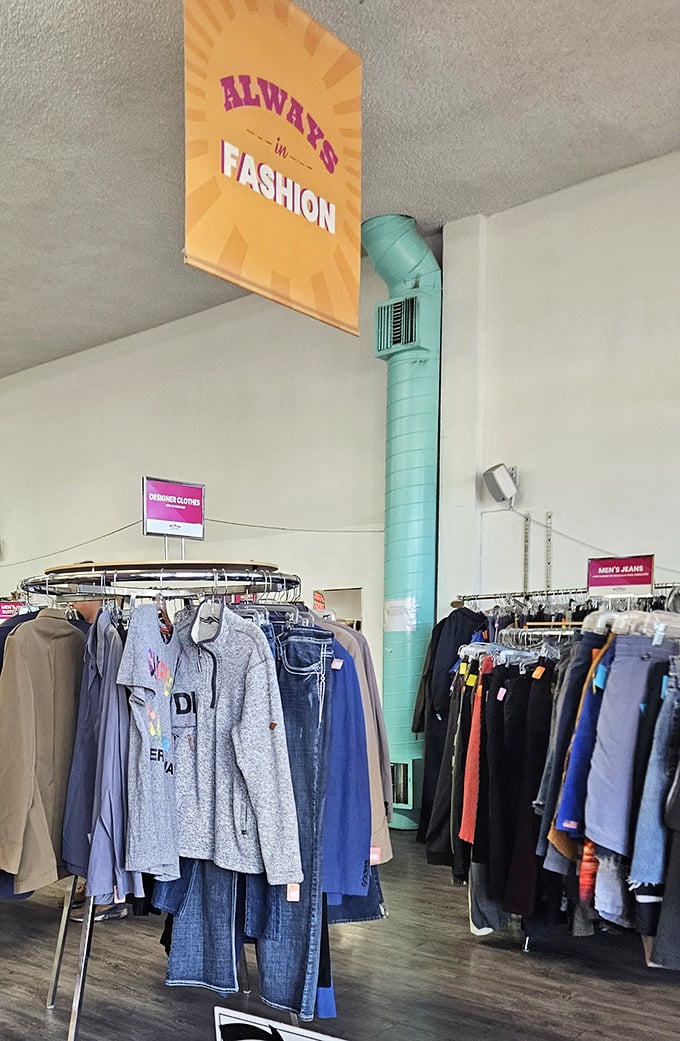 The "Always in Fashion" sign speaks truth—thrifting isn't just economical, it's the original sustainable style statement.