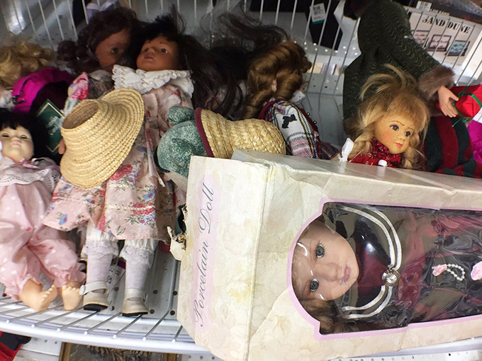 Doll collectors, behold your paradise. These vintage faces tell stories of decades past—some charming, some slightly haunting.