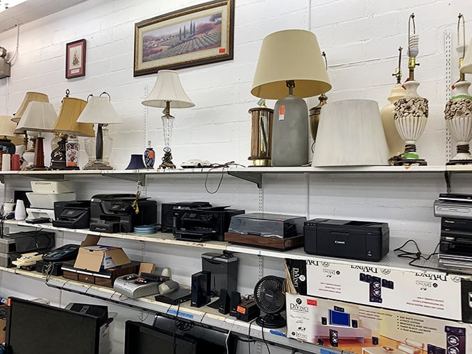 Technology graveyard or vintage tech goldmine? Those printers might be paperweights, but the lamps above could be your living room's missing piece.
