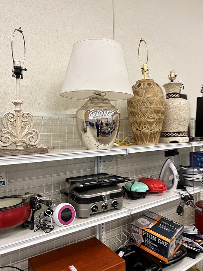 Vintage lamps and kitchen gadgets line these shelves like artifacts in a museum of everyday Americana.