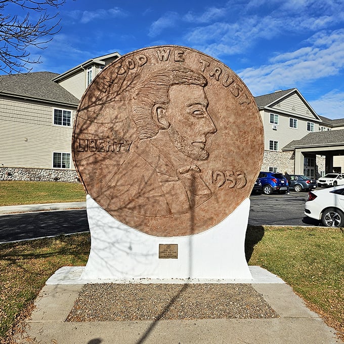 "In God We Trust" indeed—you'd need divine intervention to lift this 17,452-pound penny from its pristine white pedestal.