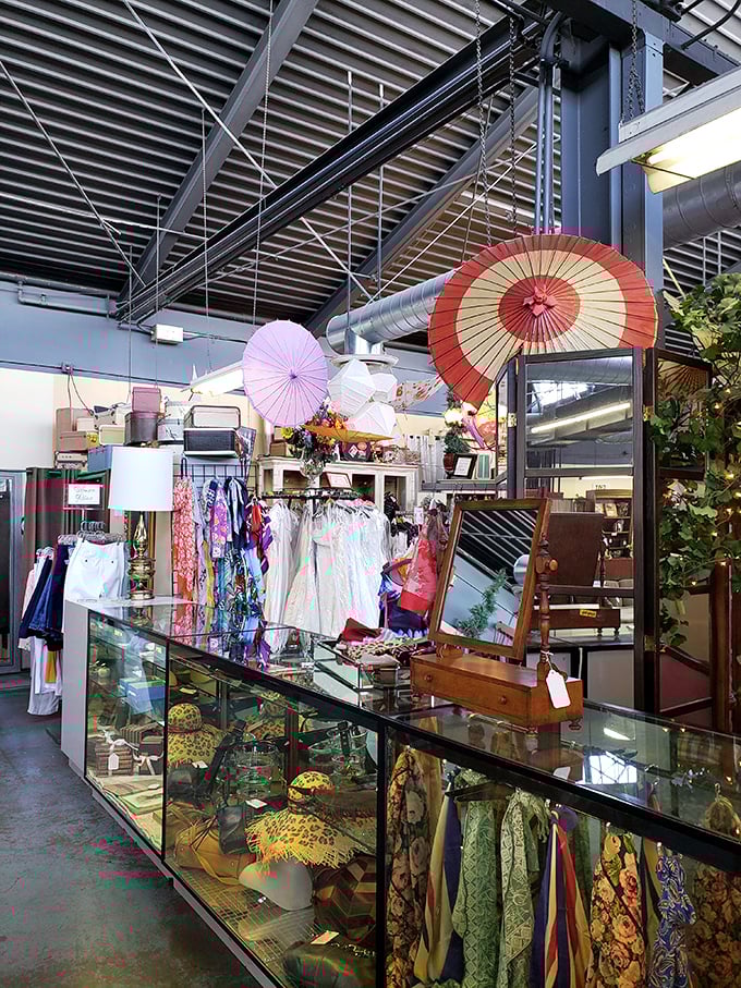 Colorful parasols hover like friendly spirits above a collection that spans decades—proof that style never truly disappears, it just waits to be rediscovered.
