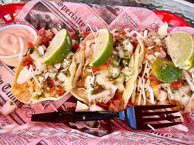 These fish tacos aren't just a meal, they're a coastal celebration—fresh fish, crunchy cabbage, and lime wedges performing a perfect Pacific Northwest symphony.