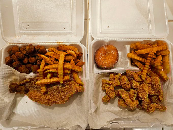 Styrofoam containers barely contain the bounty: crispy nuggets, golden fillets, and crinkle-cut fries that could make a potato proud.