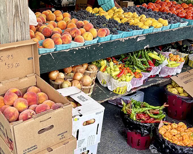Nature's candy counter—where peaches, grapes, and peppers create a palette more vibrant than any painting, and twice as delicious.